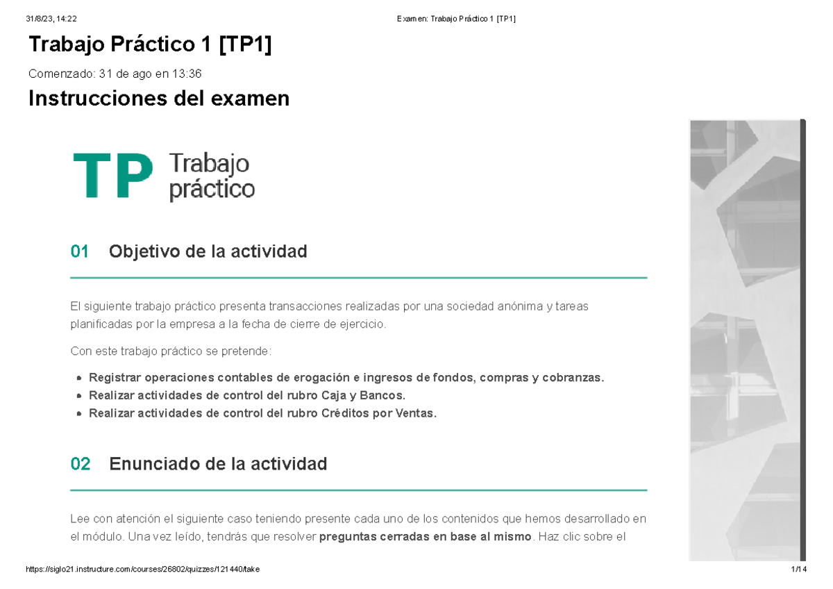 Examen Trabajo Práctico 1 [TP1] CB - Trabajo Práctico 1 [TP1] Comenzado: 31 de ago en 13: - Studocu