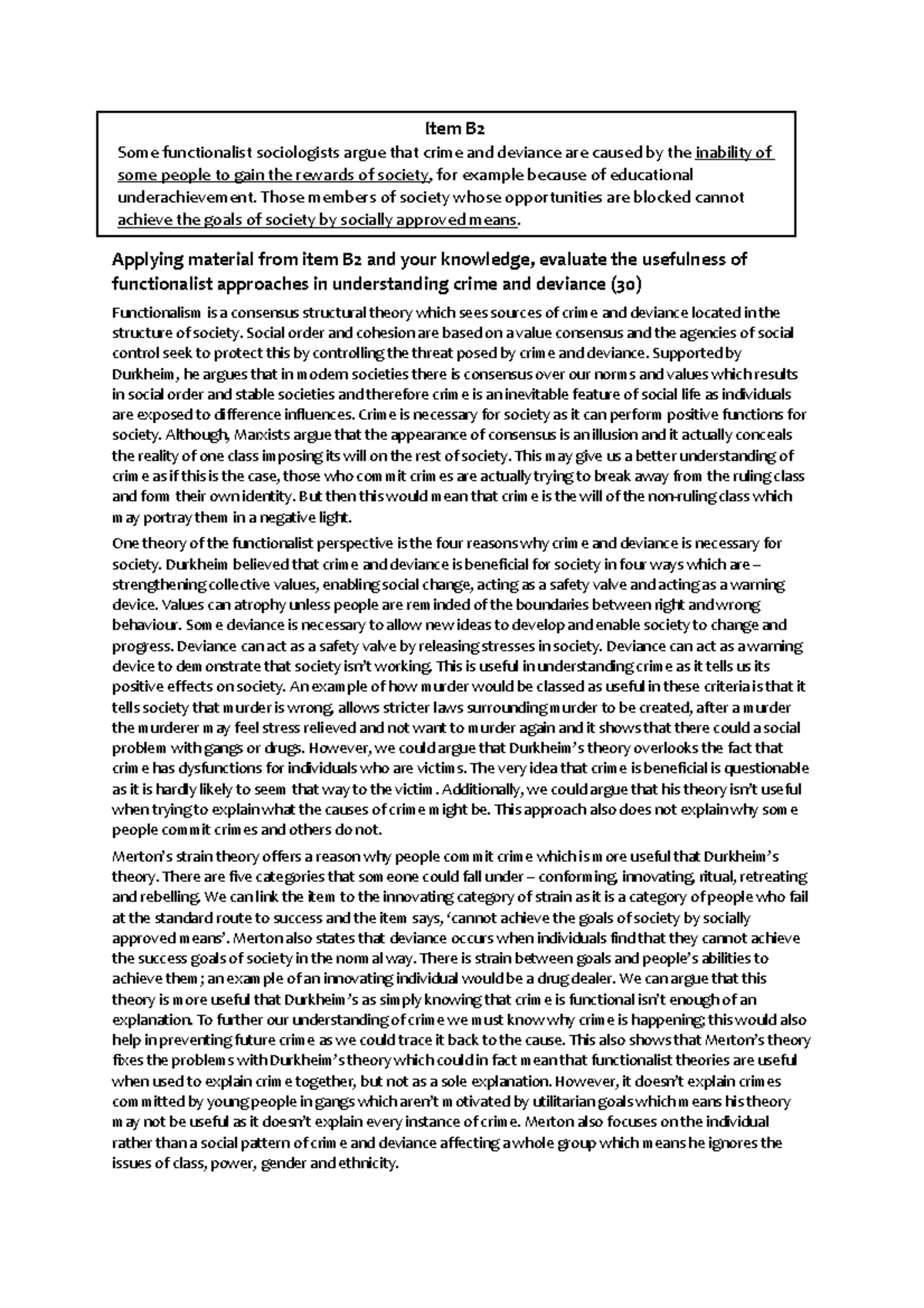 30 marker usefulness of functionalism crime and deviance - Applying ...