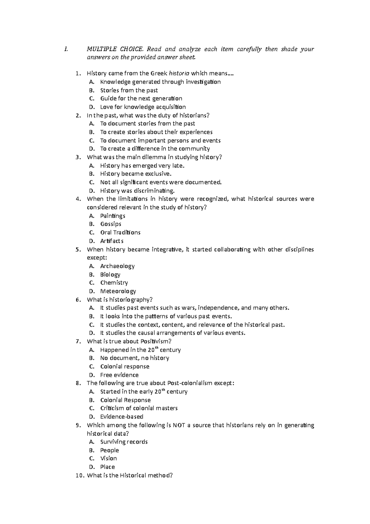 Questions on History - I. MULTIPLE CHOICE. Read and analyze each item ...