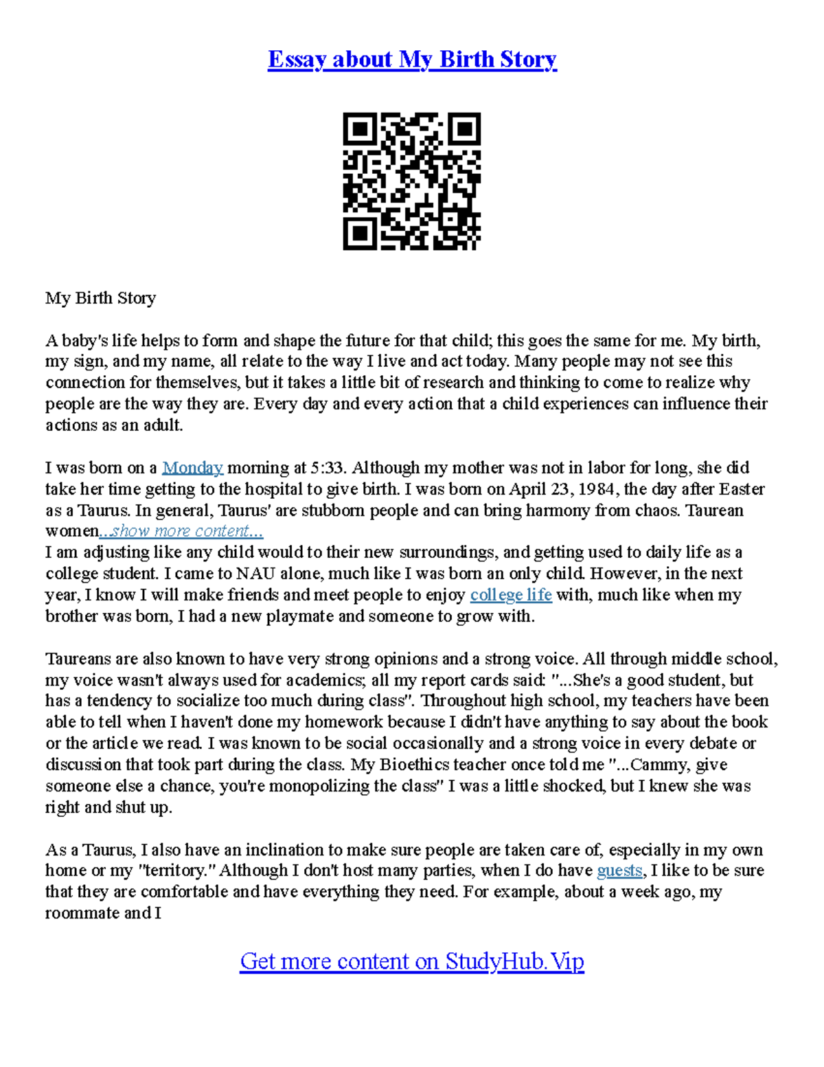Personal Life Story Essay - Essay about My Birth Story My Birth Story A ...
