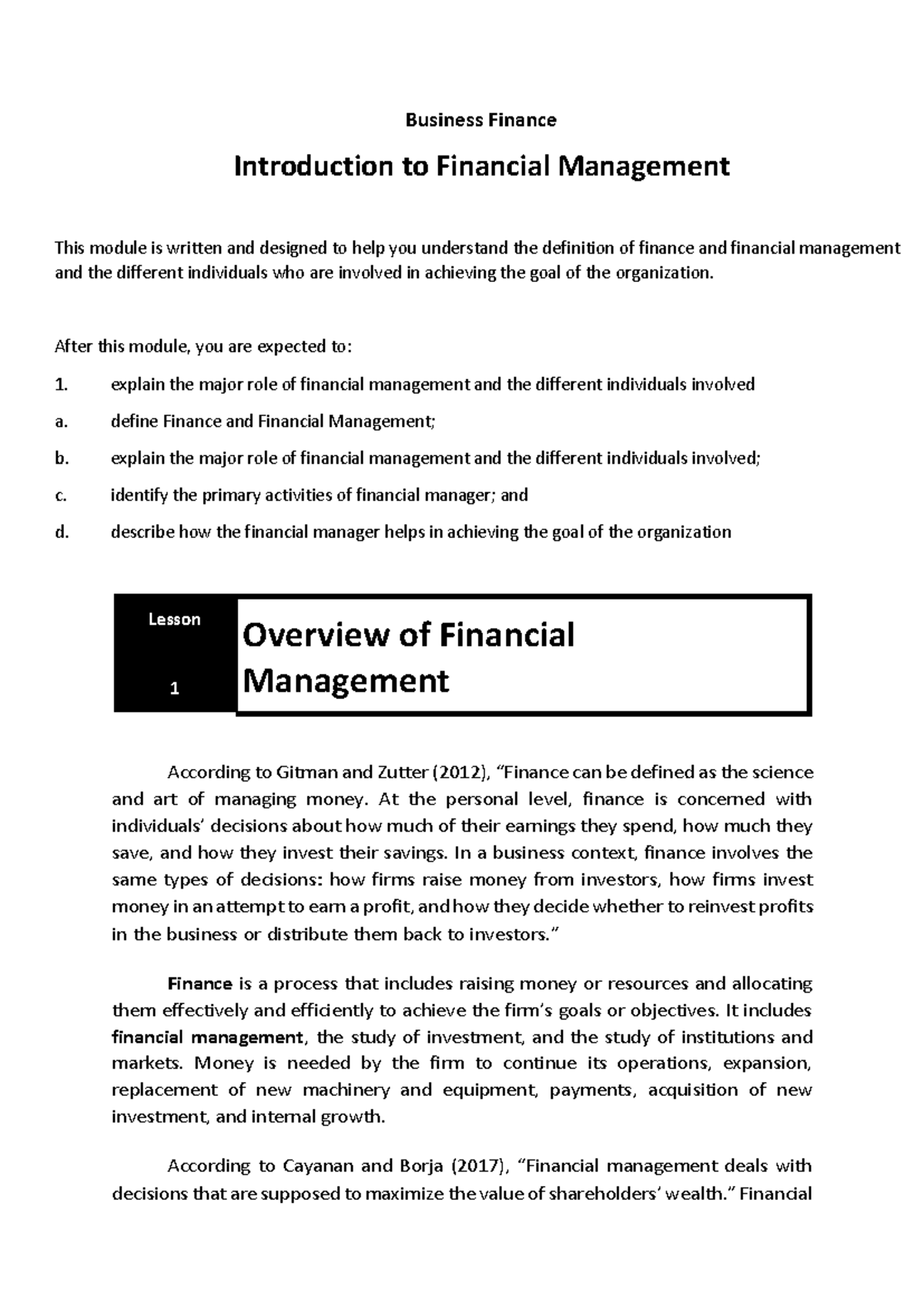 Lesson 1-Finance-converted - Business Finance Introduction to Financial ...