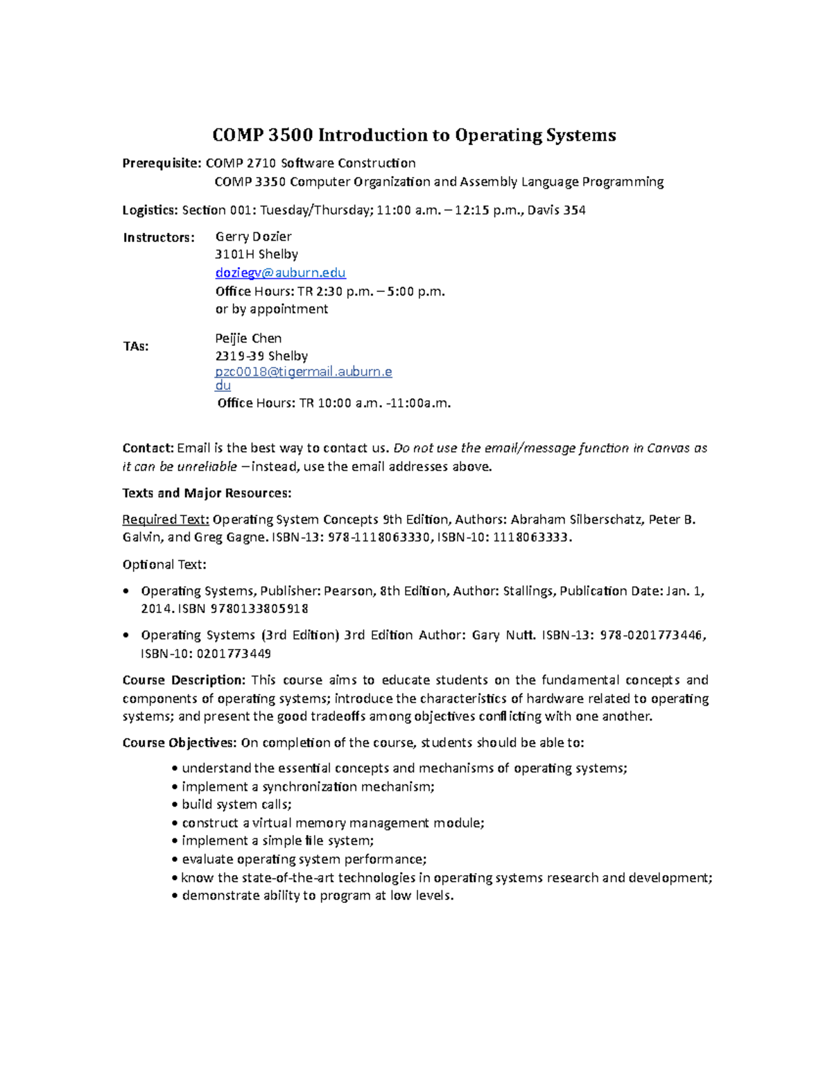 COMP-3500 Syllabus Spring 2019 v2 - COMP 3500 Introduction to Operating ...