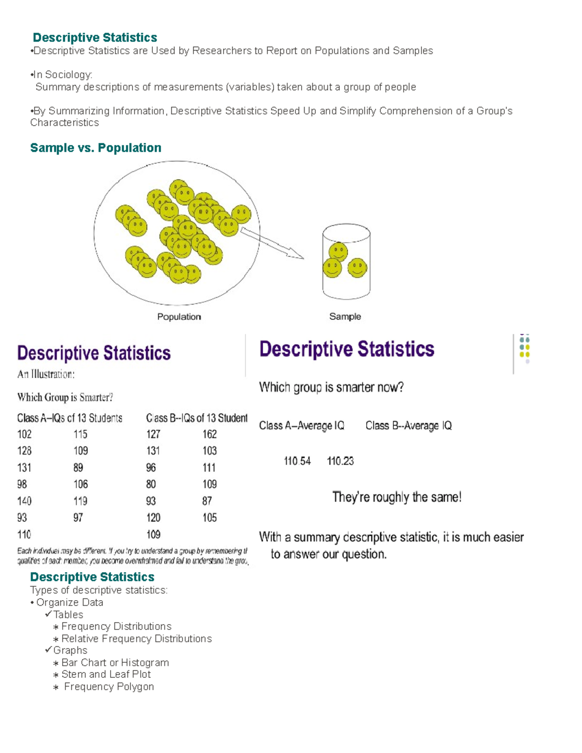 Descriptive Statistics - Population Descriptive Statistics Types of ...