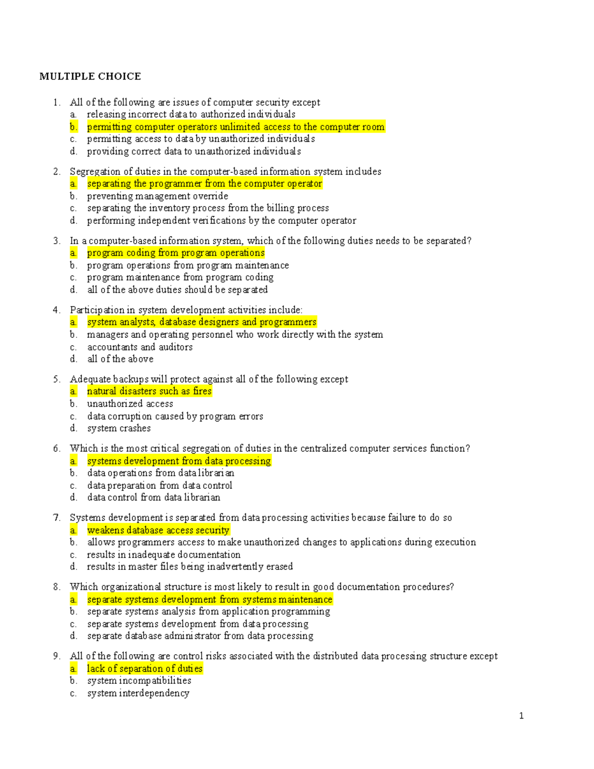 Module 2 - Quiz-Auditing and Assurance Principles-CIS environment - MULTIPLE CHOICE All of the ...