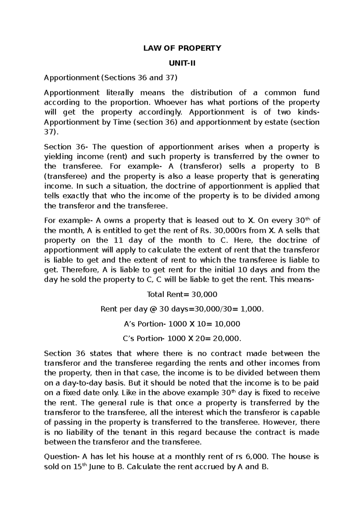 UNIT II - NOTES - LAW OF PROPERTY UNIT-II Apportionment (Sections 36 ...