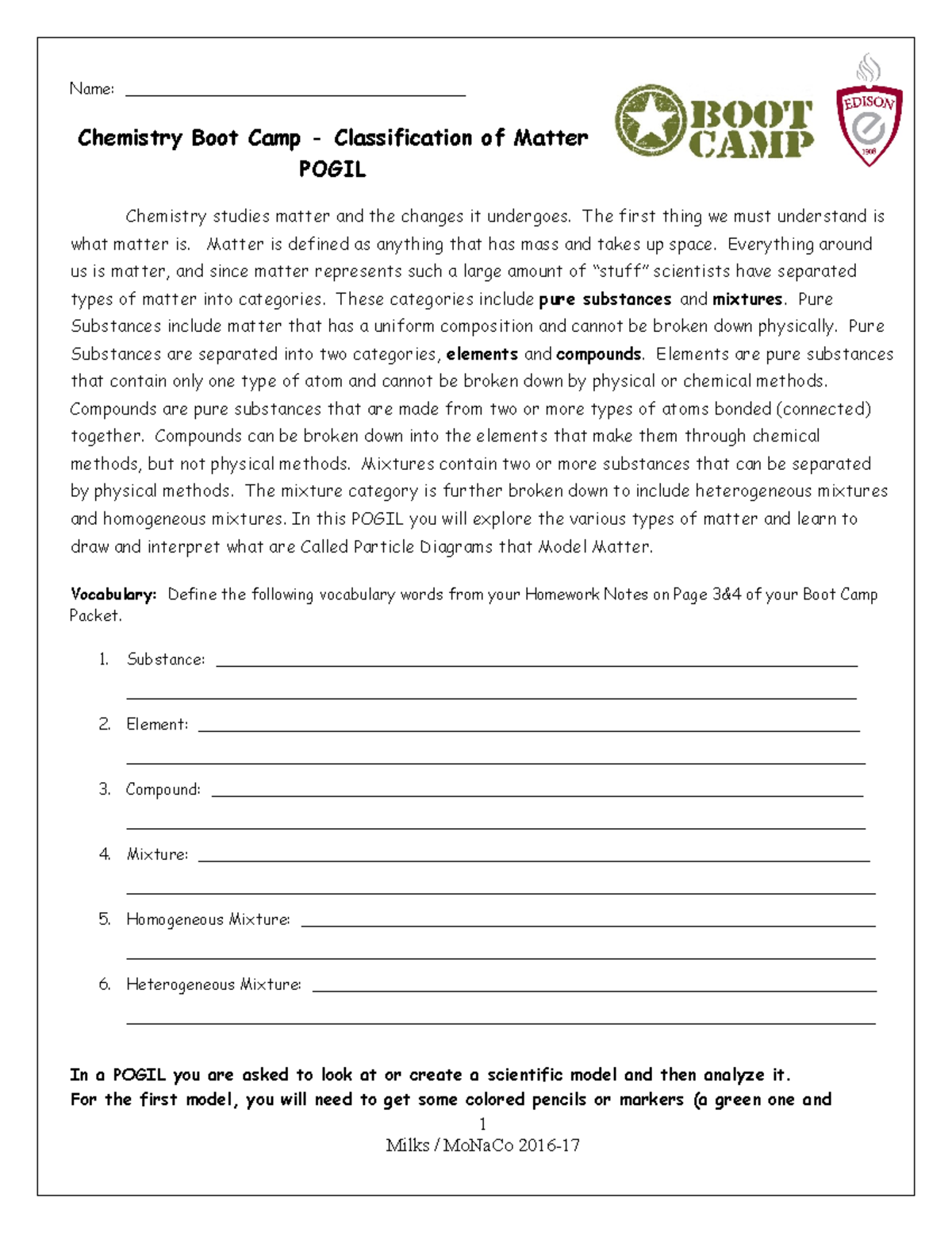 Particle Diagrams and Classification of Matter Pogil - Name