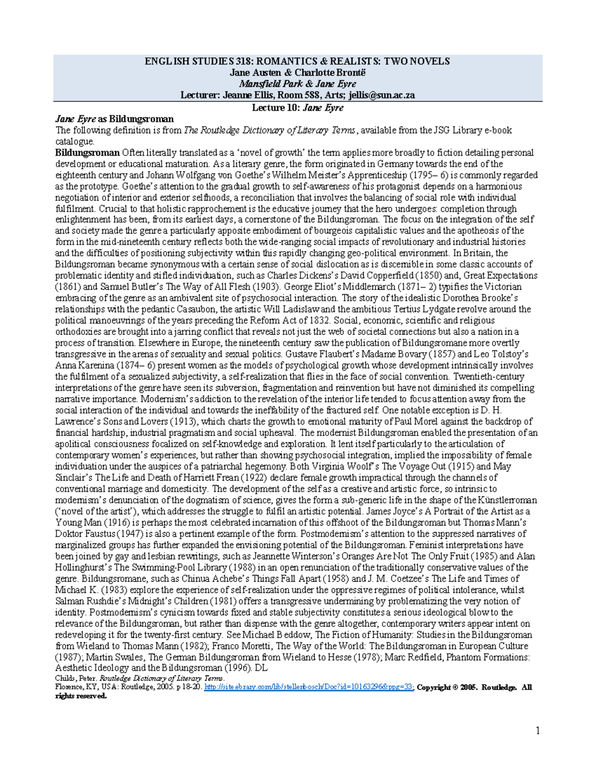 19th century Novel Jane eyre Lecture 10 HO10 - 1 ENGLISH STUDIES 318 ...