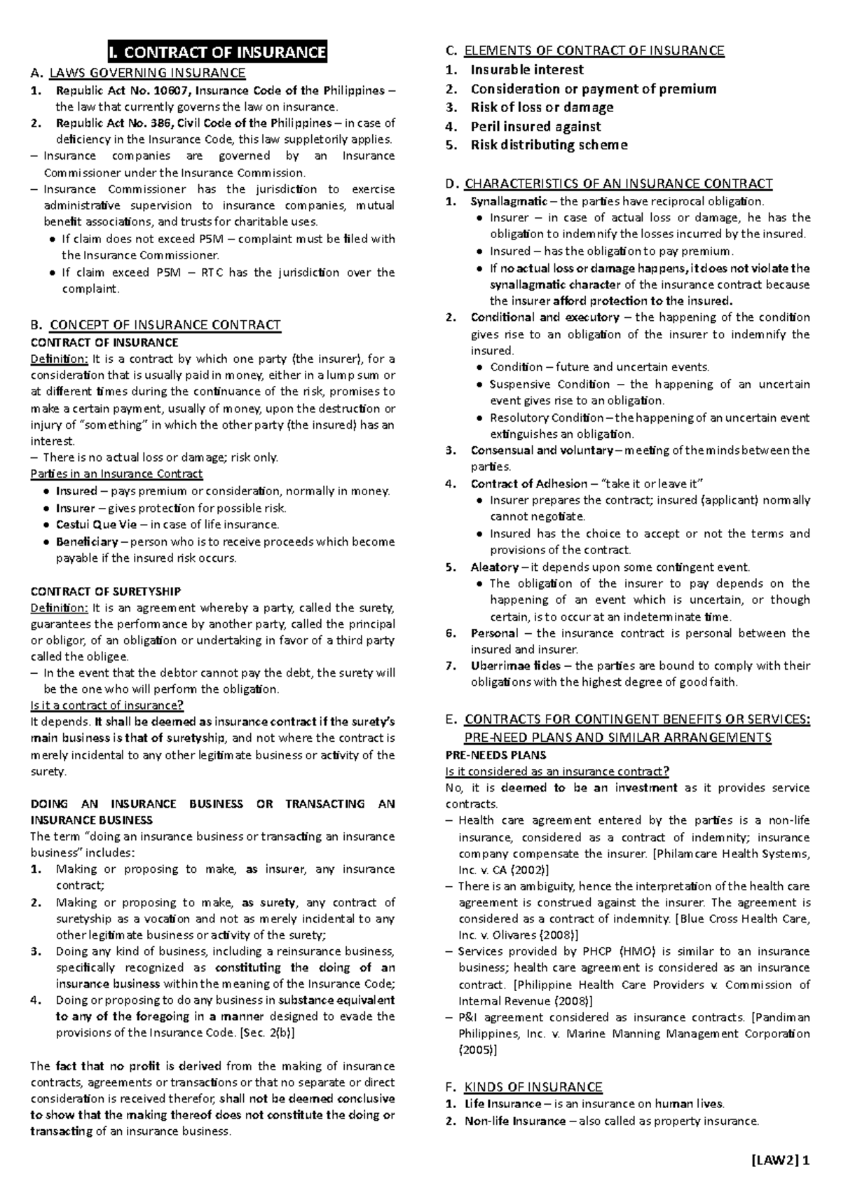 Insurance- Contract - I. CONTRACT OF INSURANCE A. LAWS GOVERNING ...