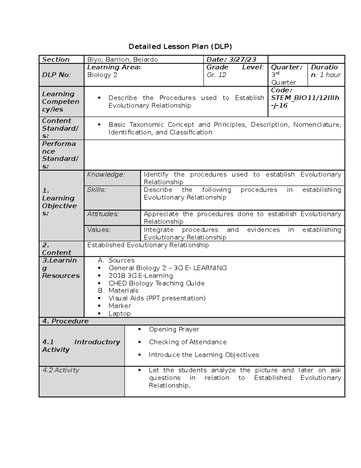 Science 3 - Lesson log - Detailed Lesson Plan (DLP) Section Biyo ...