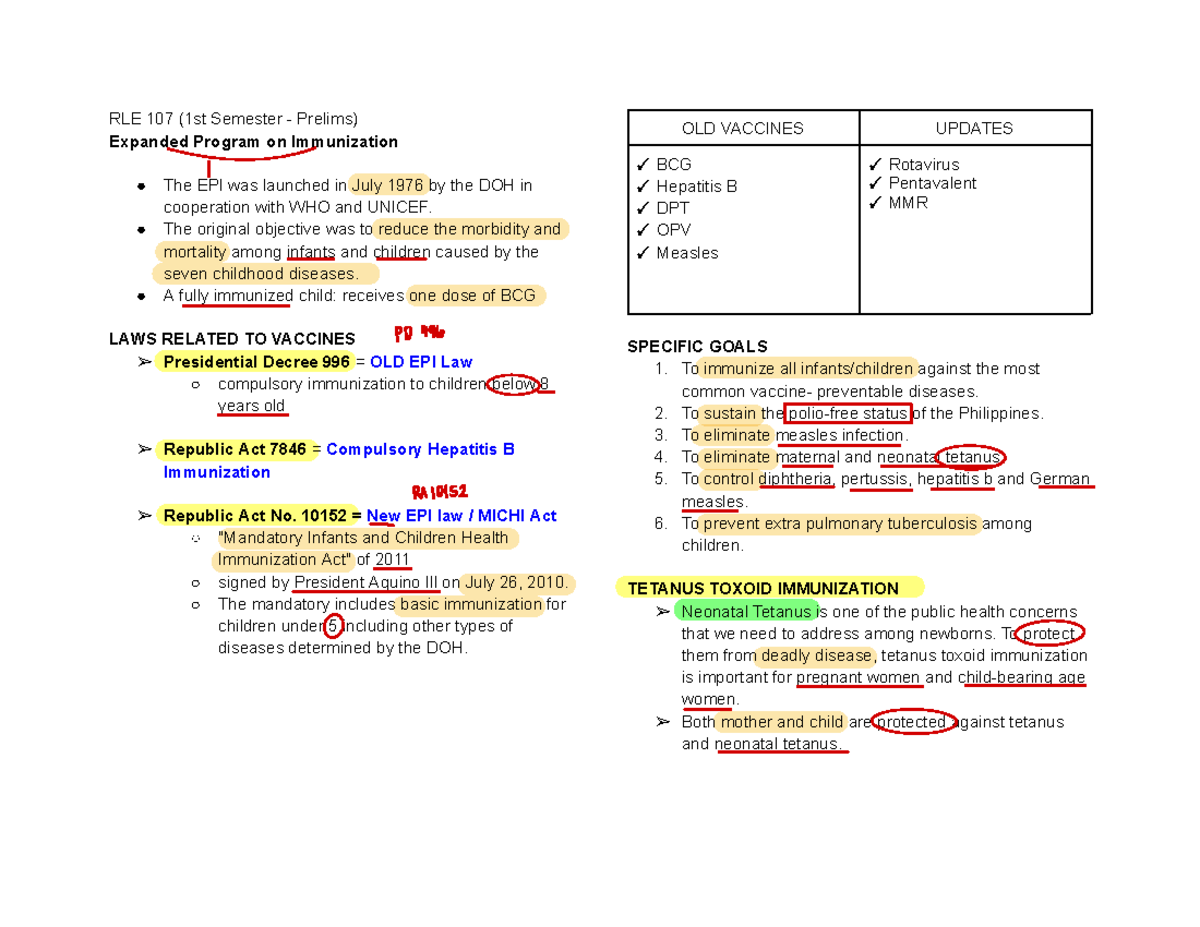 RLE Immunization Notes - RLE 107 ( 1 st Semester - Prelims) Expanded ...