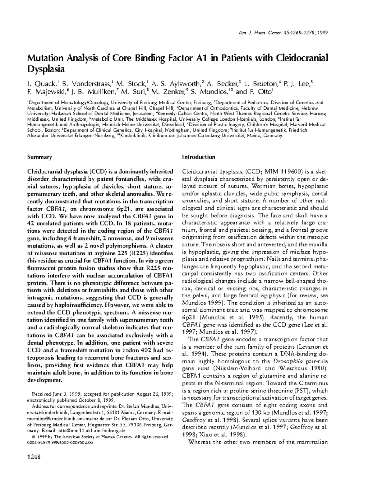 Mutation Analysis Of Core Binding Factor A1 In Patients With Cleidocranial Dysplasia Am J
