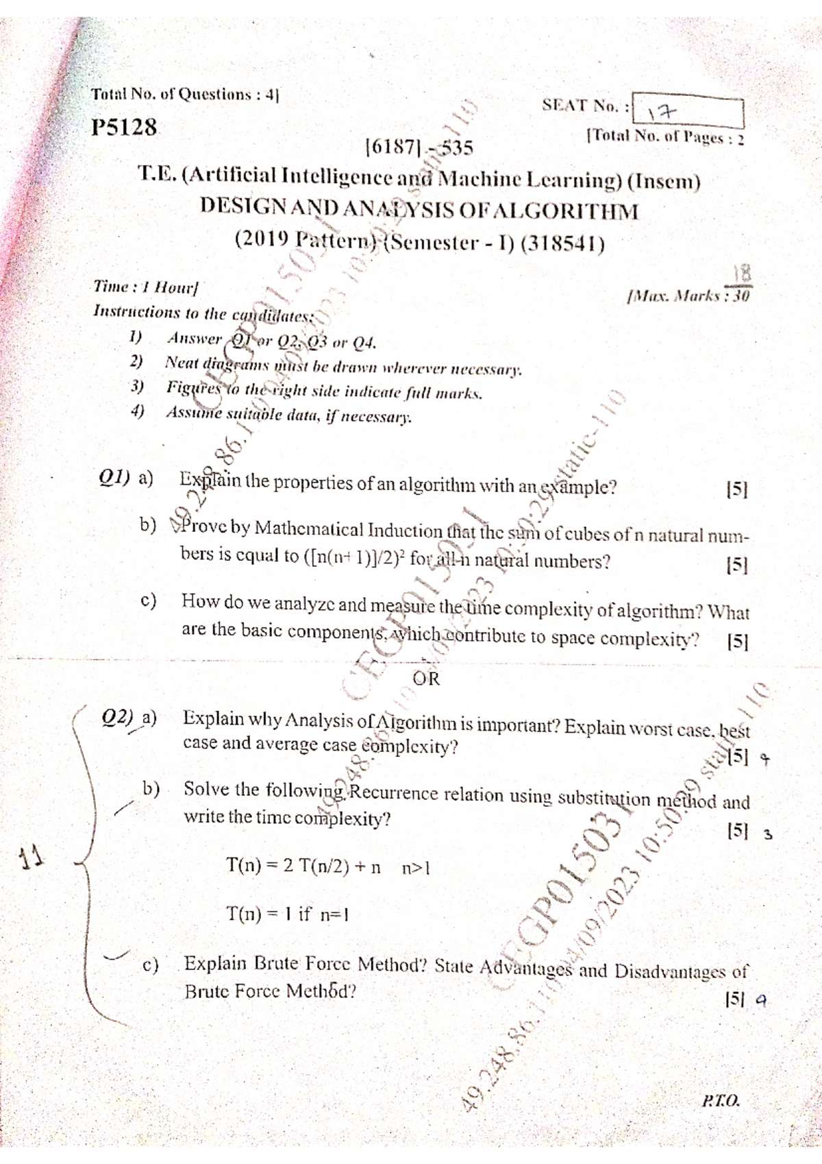 DAA Insem 2023 - Total No. of Questions : 11 SEAT No. : 17 P5128 No. of ...