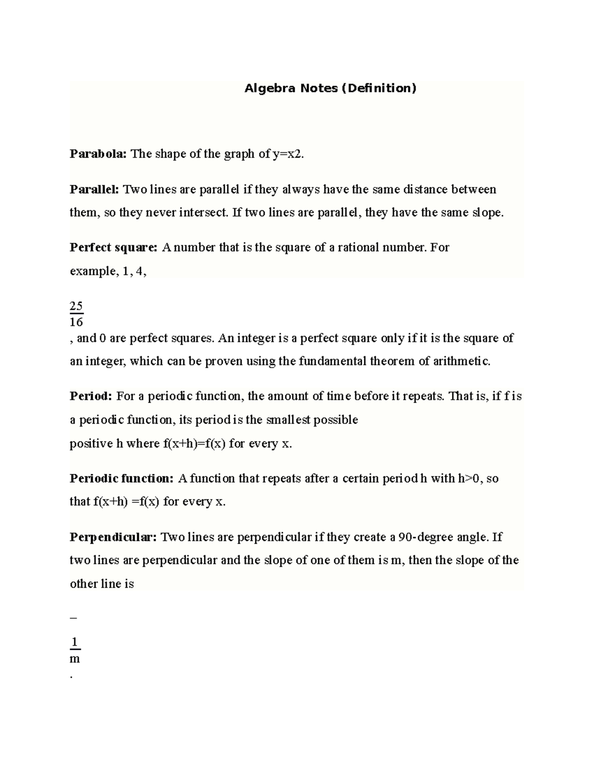 Algebra Notes & definition - Algebra Notes (Definition) Parabola: The ...