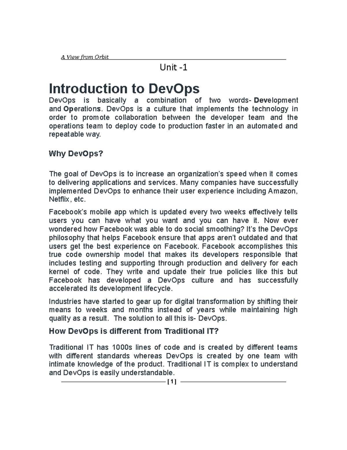 Devops unit 1 - Unit - Introduction to DevOps DevOps is basically a combination of two words ...