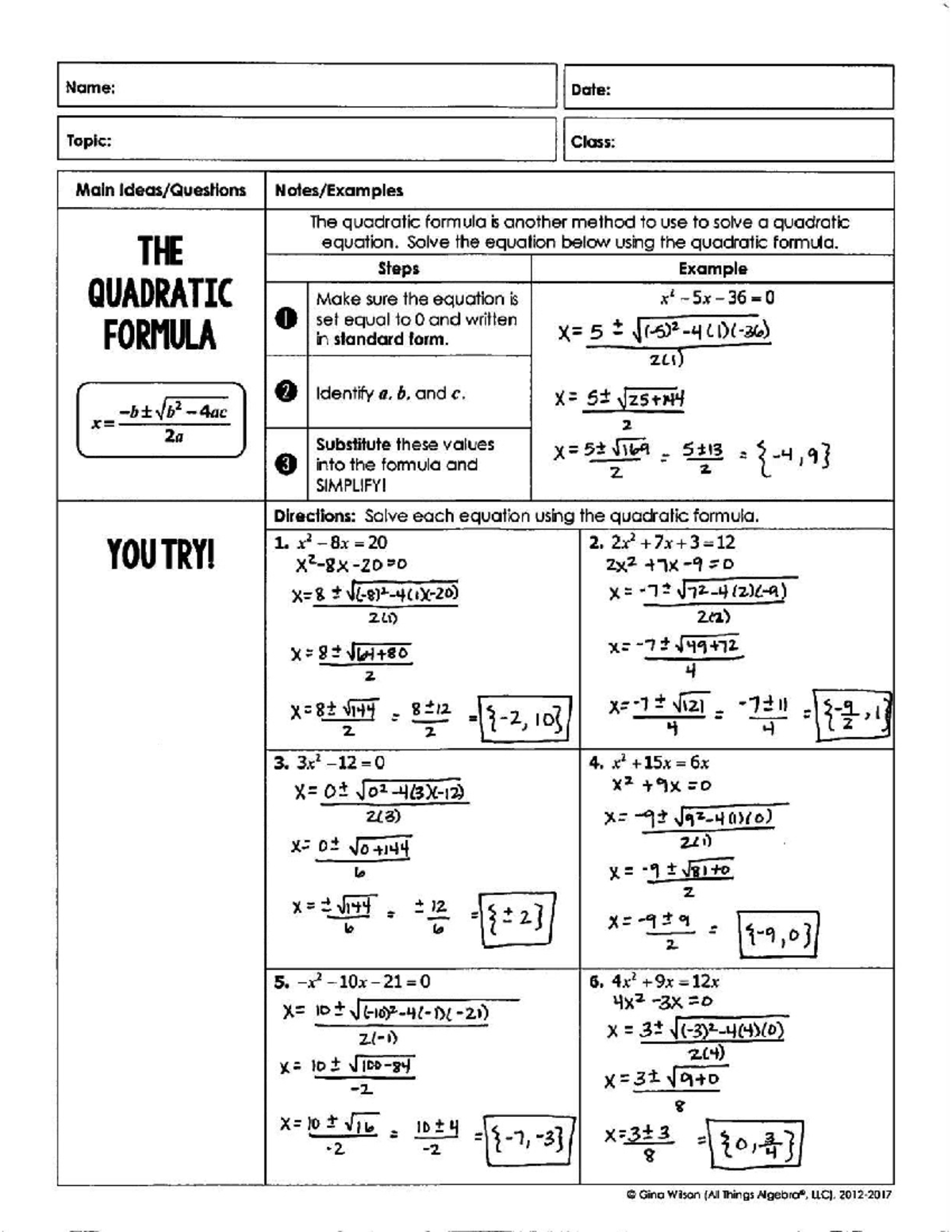 9.6 Quadratic Formula 1 KEY - Math260 - Studocu