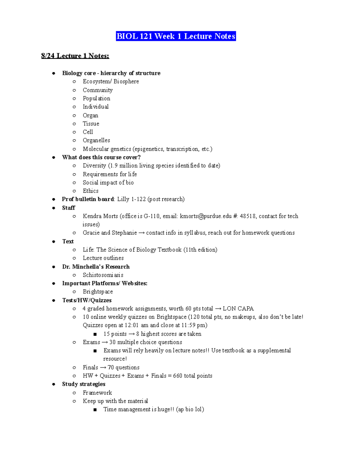 BIOL 121 Week 1 Lecture + Textbook Reading Notes - BIOL 121 Week 1 ...