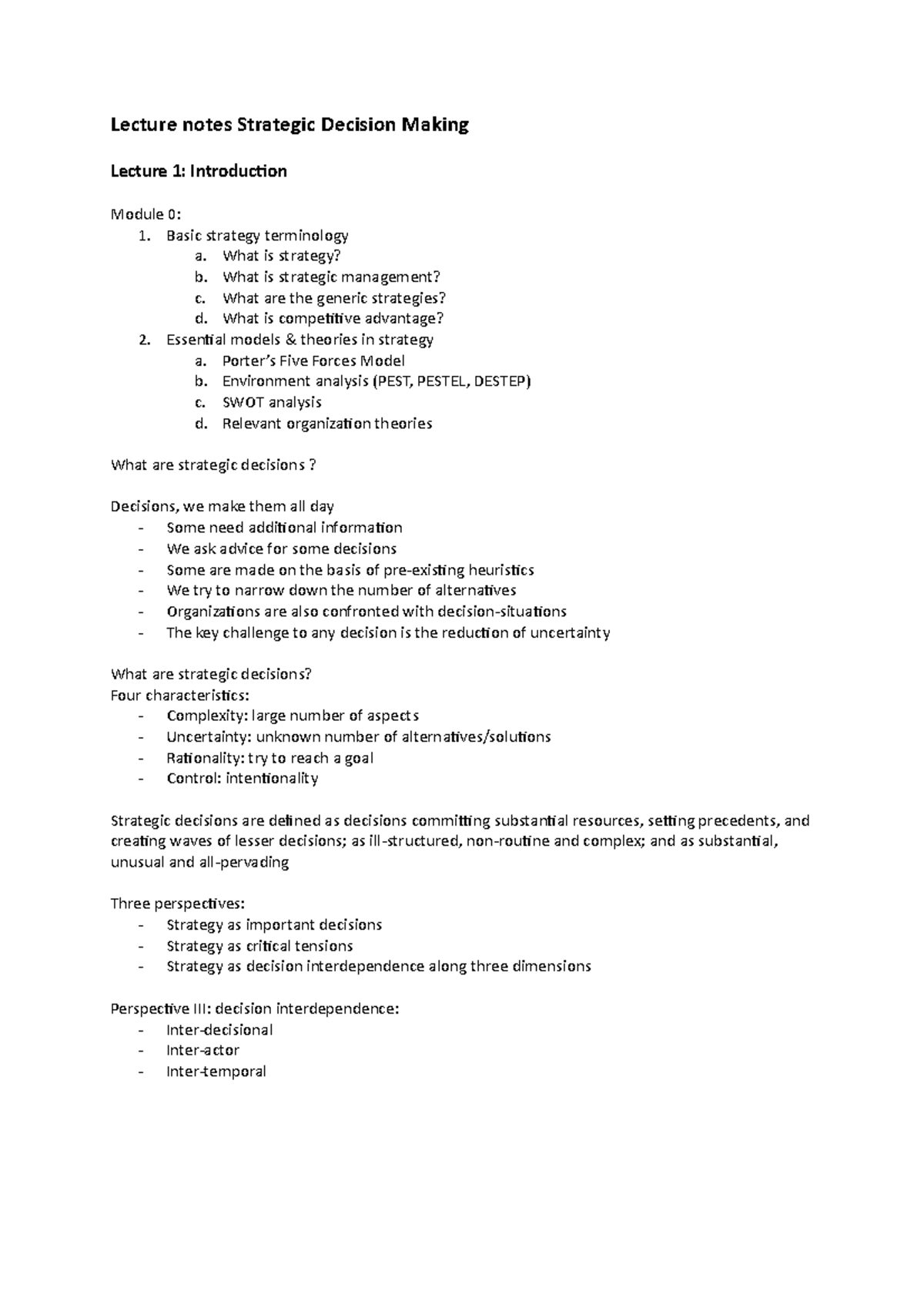 Lecture notes Strategic Decision Making - Basic strategy terminology a ...