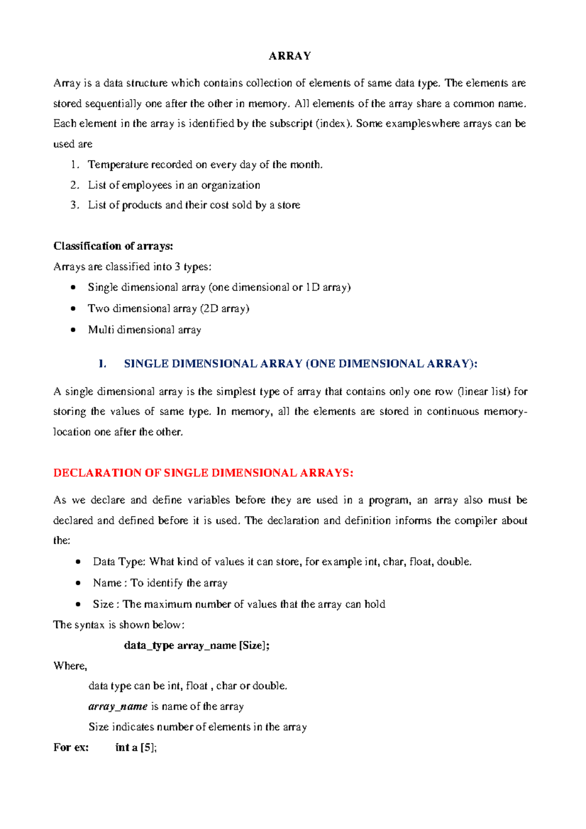 1d Array Array Array Is A Data Structure Which Contains Collection Of 2437