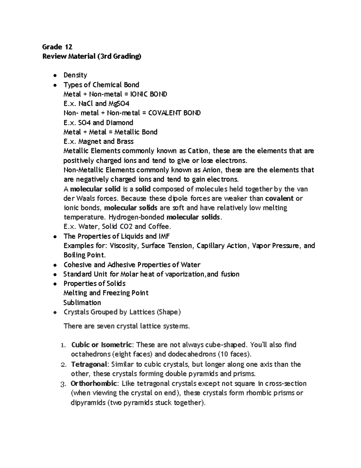 Chemistry notes - Grade 12 Review Material (3rd Grading) Density Types ...