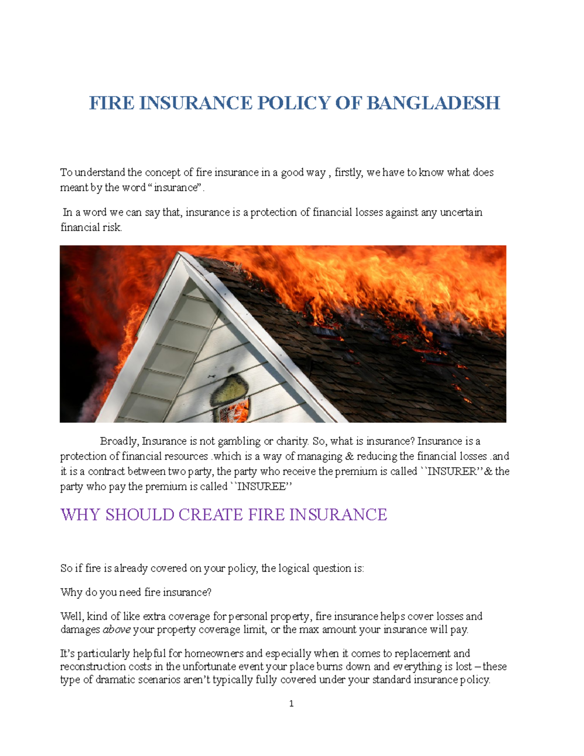 Term paper on fire insurance - FIRE INSURANCE POLICY OF BANGLADESH To ...