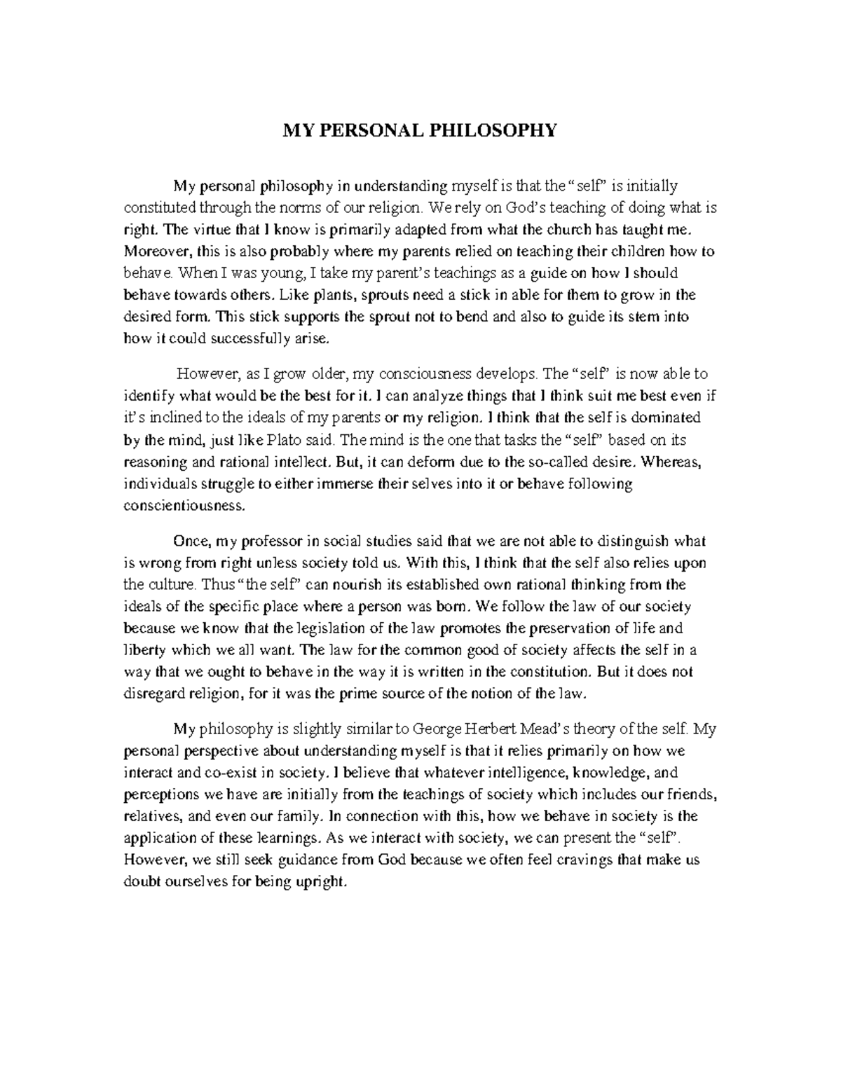 Task Performance 01 MY Personal Philosophy - MY PERSONAL PHILOSOPHY My ...