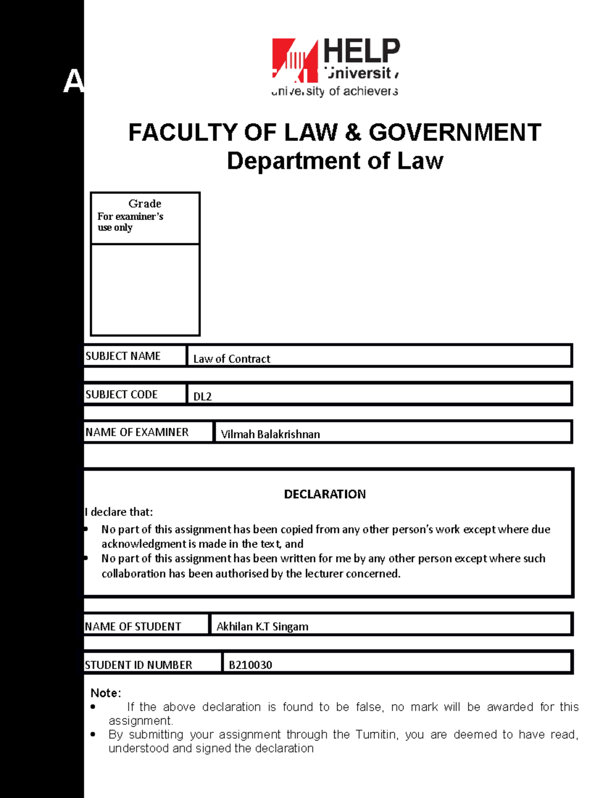 Assignment Folder - FACULTY OF LAW & GOVERNMENT Department of Law ...