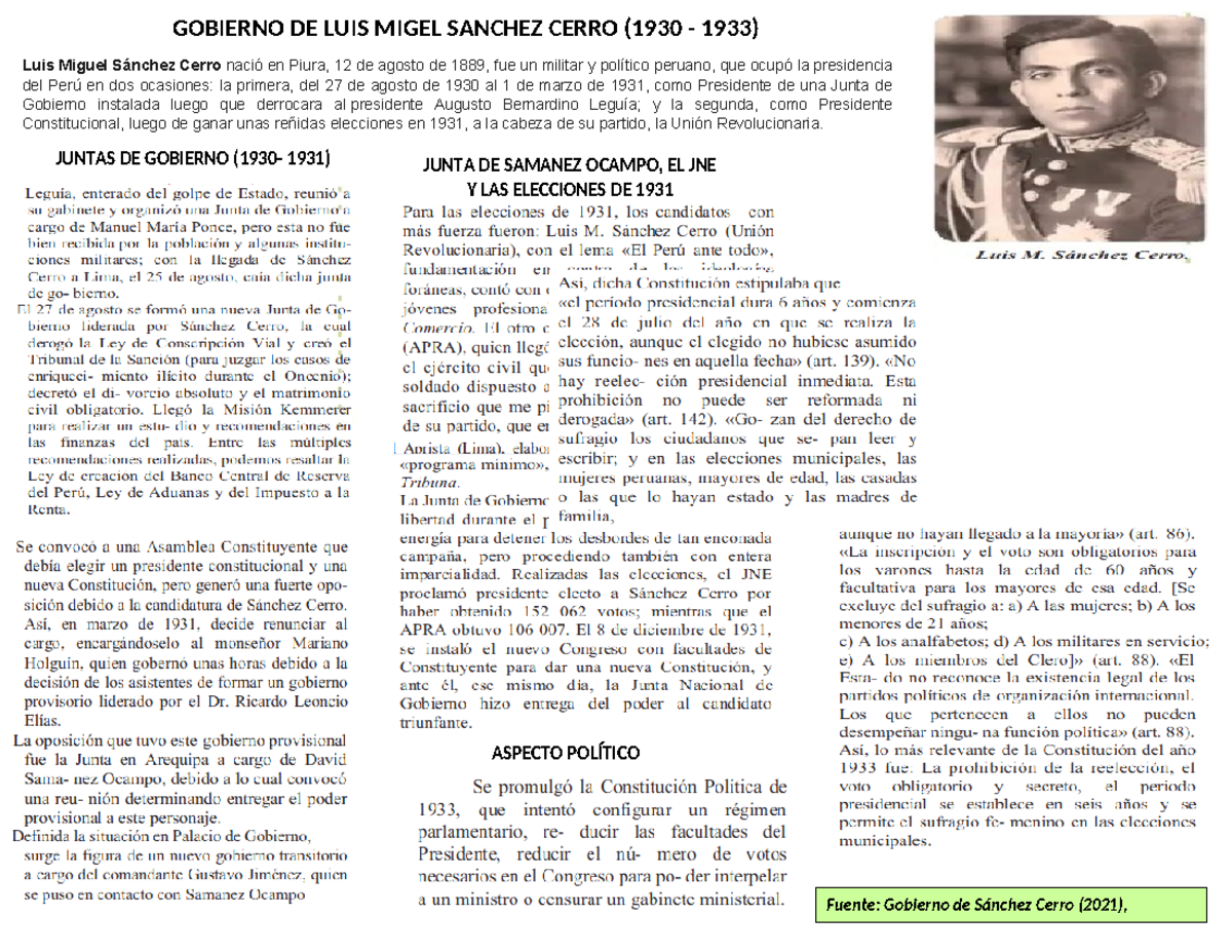 Gobierno DE LUIS Migel Sanchez Cerro - GOBIERNO DE LUIS MIGEL SANCHEZ ...
