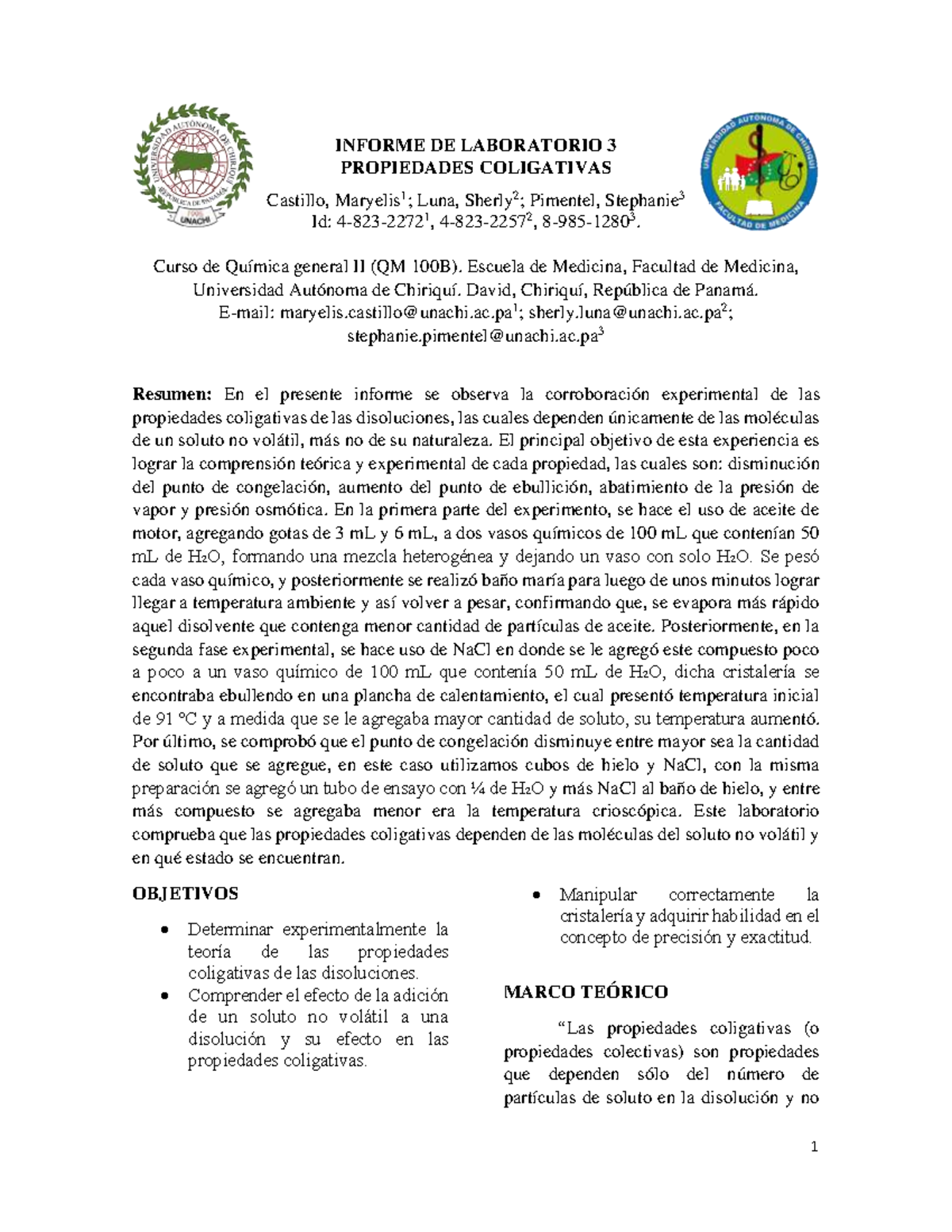 Informe DE Laboratorio 3 - INFORME DE LABORATORIO 3 PROPIEDADES COLIGATIVAS Castillo, Maryelis 1 ...