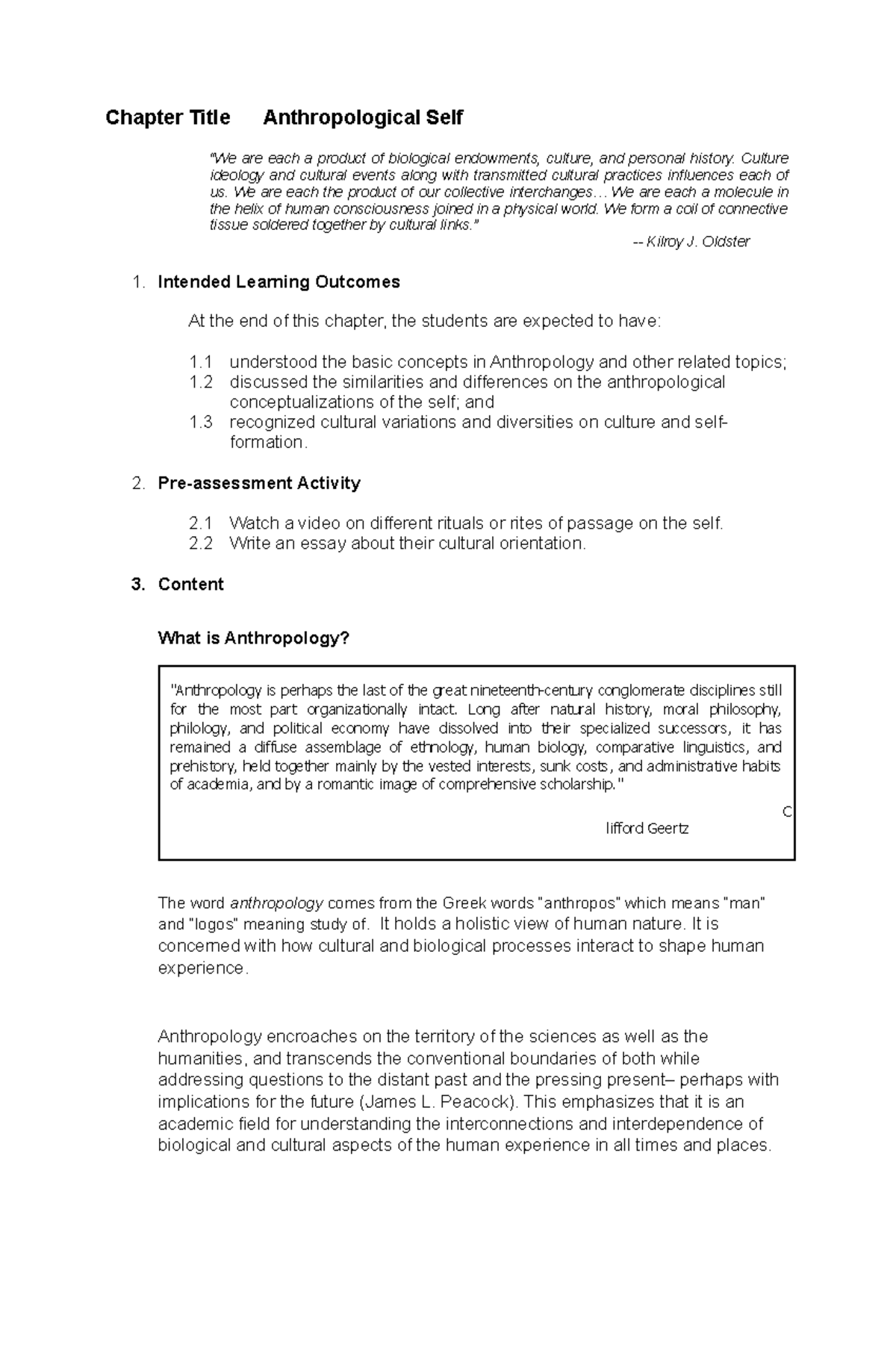 Learning Guide Anthropological self - Chapter Title Anthropological ...