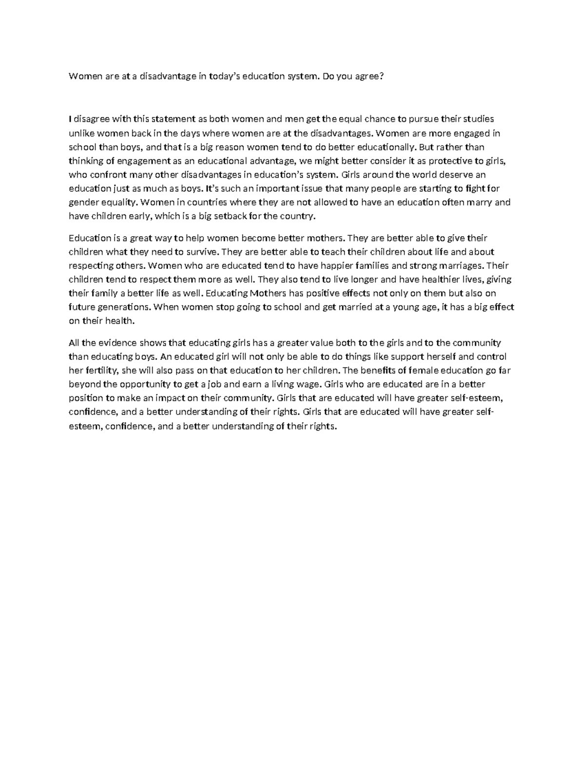 Argumentative essay - Women are at a disadvantage in today’s education ...