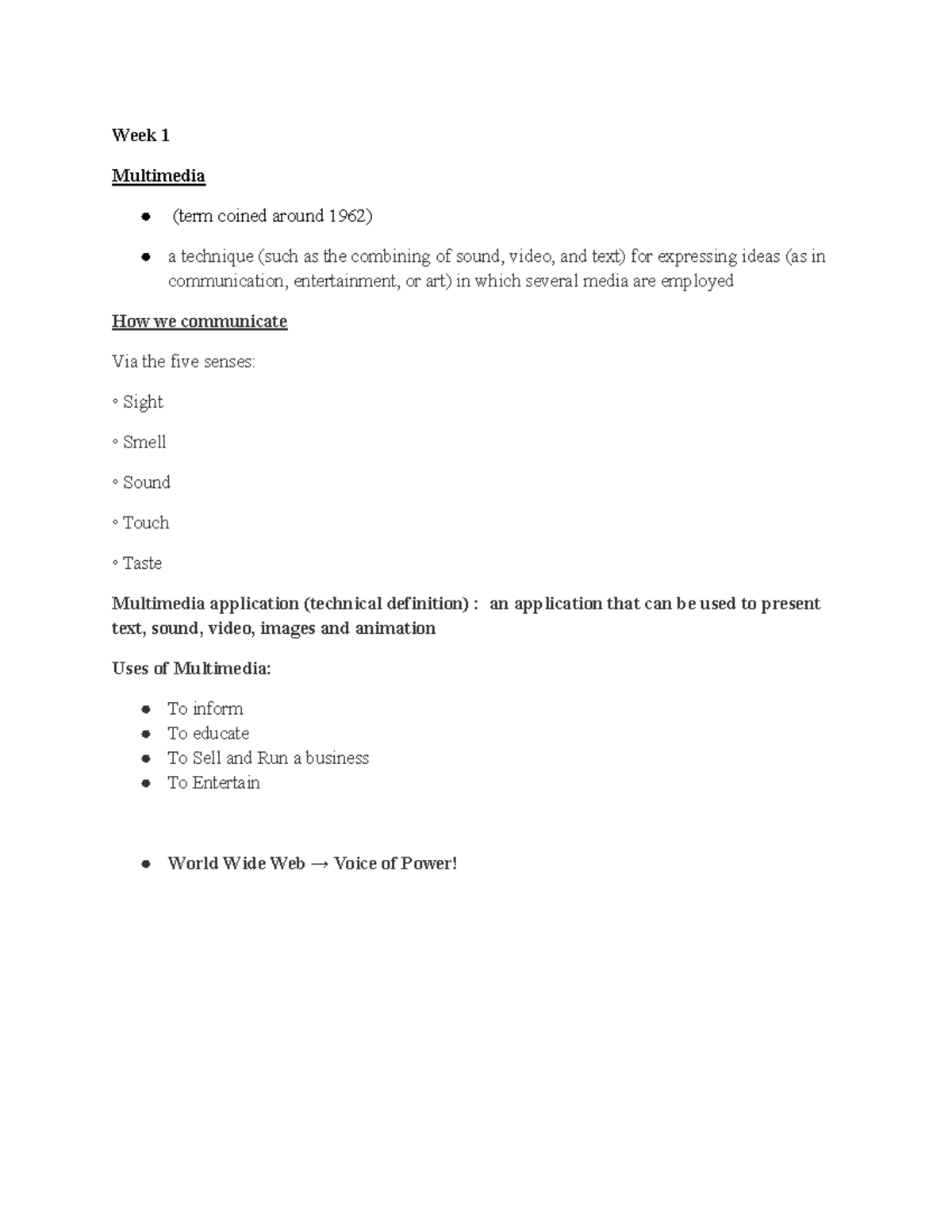 CS 1033 Lecture notes from each week - Week 1 Multimedia (term coined ...