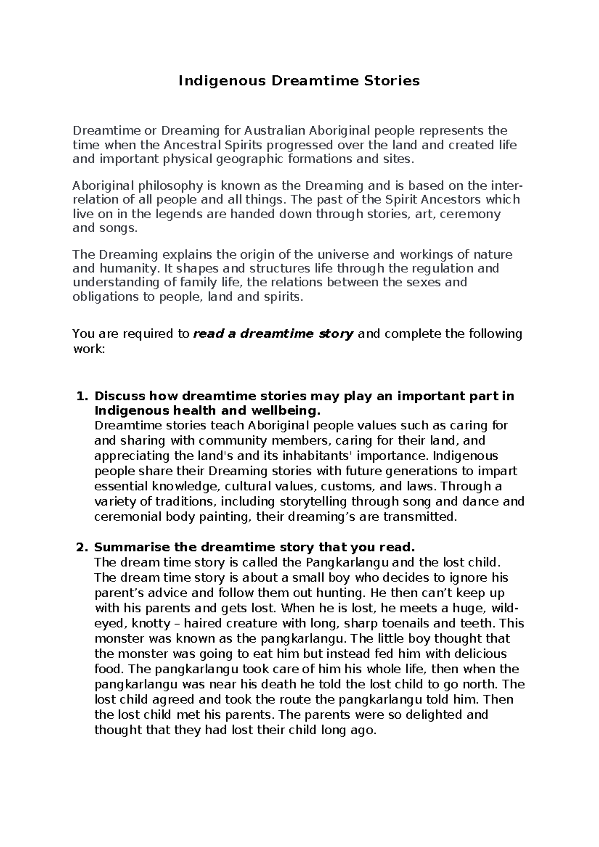 Indigenous Dreamtime Stories task - Indigenous Dreamtime Stories ...