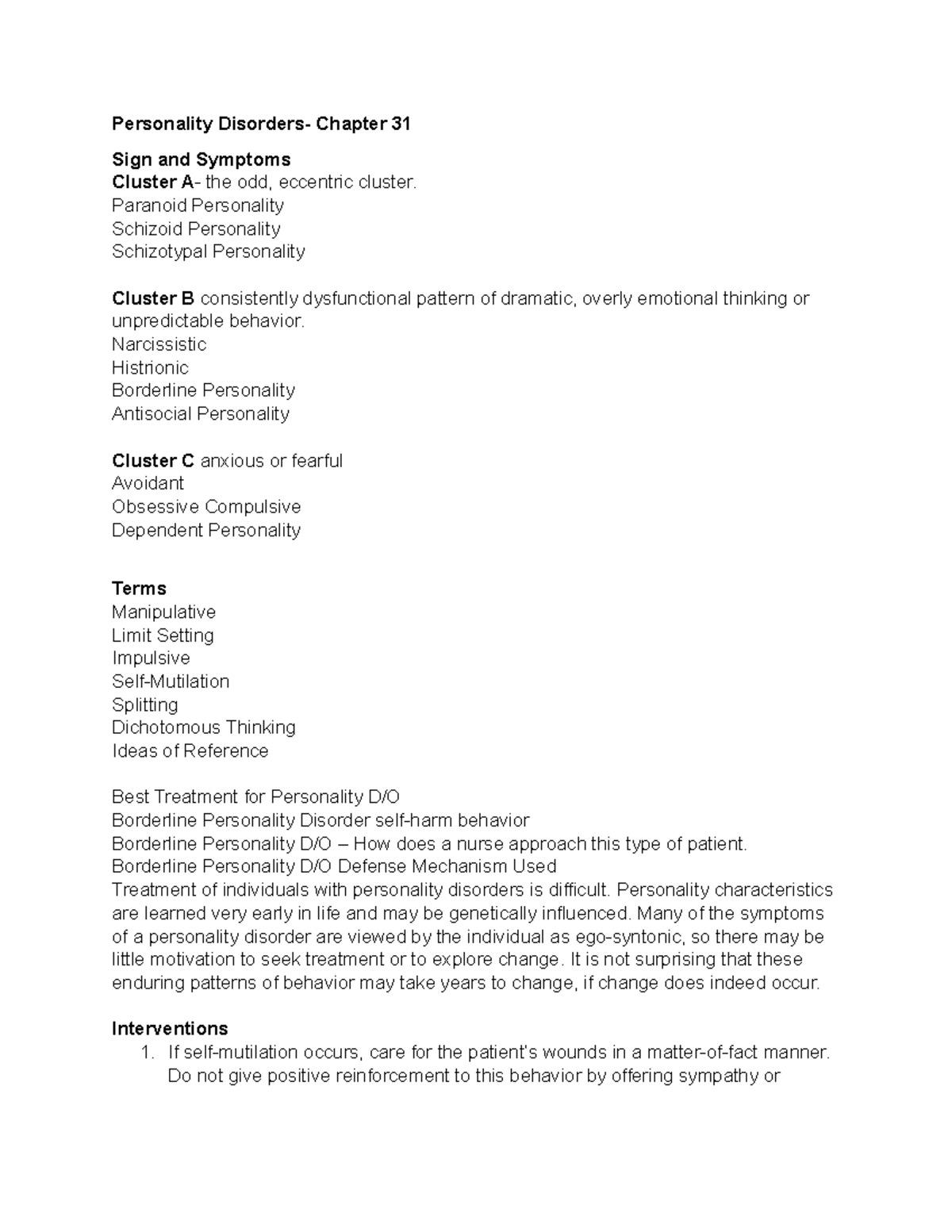 Personality Disorders Exam 3 - Personality Disorders- Chapter 31 Sign ...