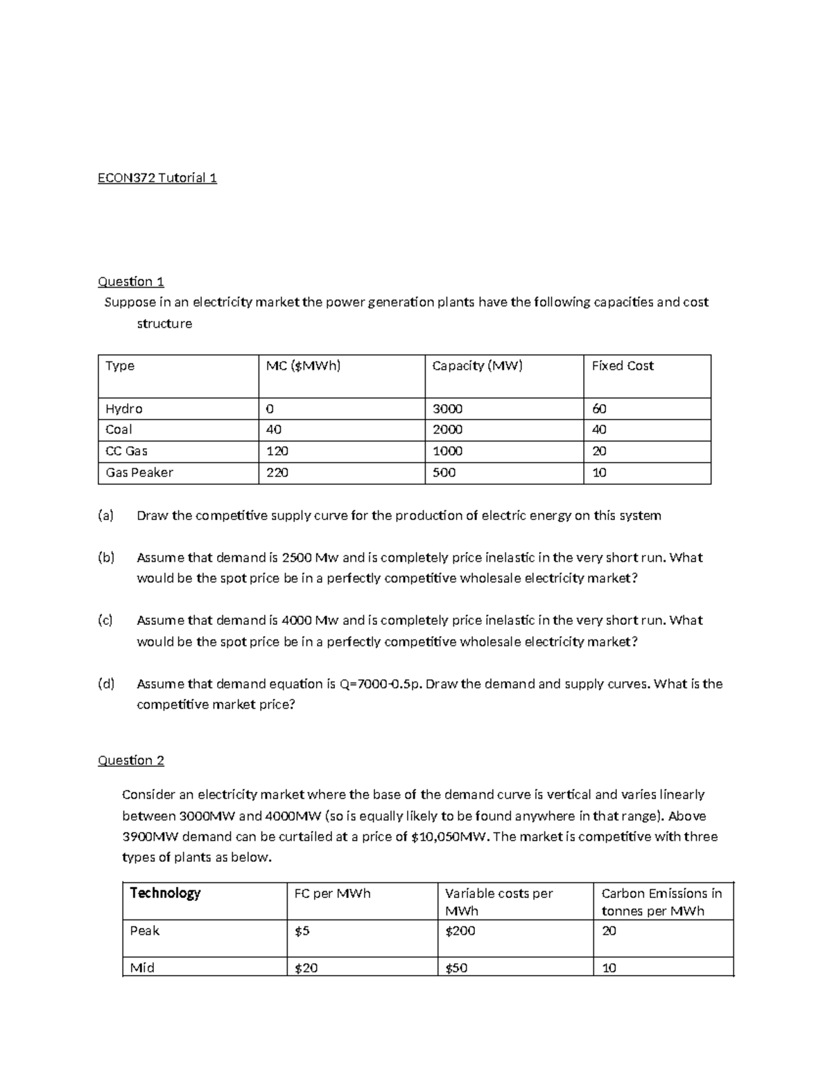 Econ 372 Tutorial 1 Electricity Questions Econ372 Tutorial 1 Question 1 Suppose In An