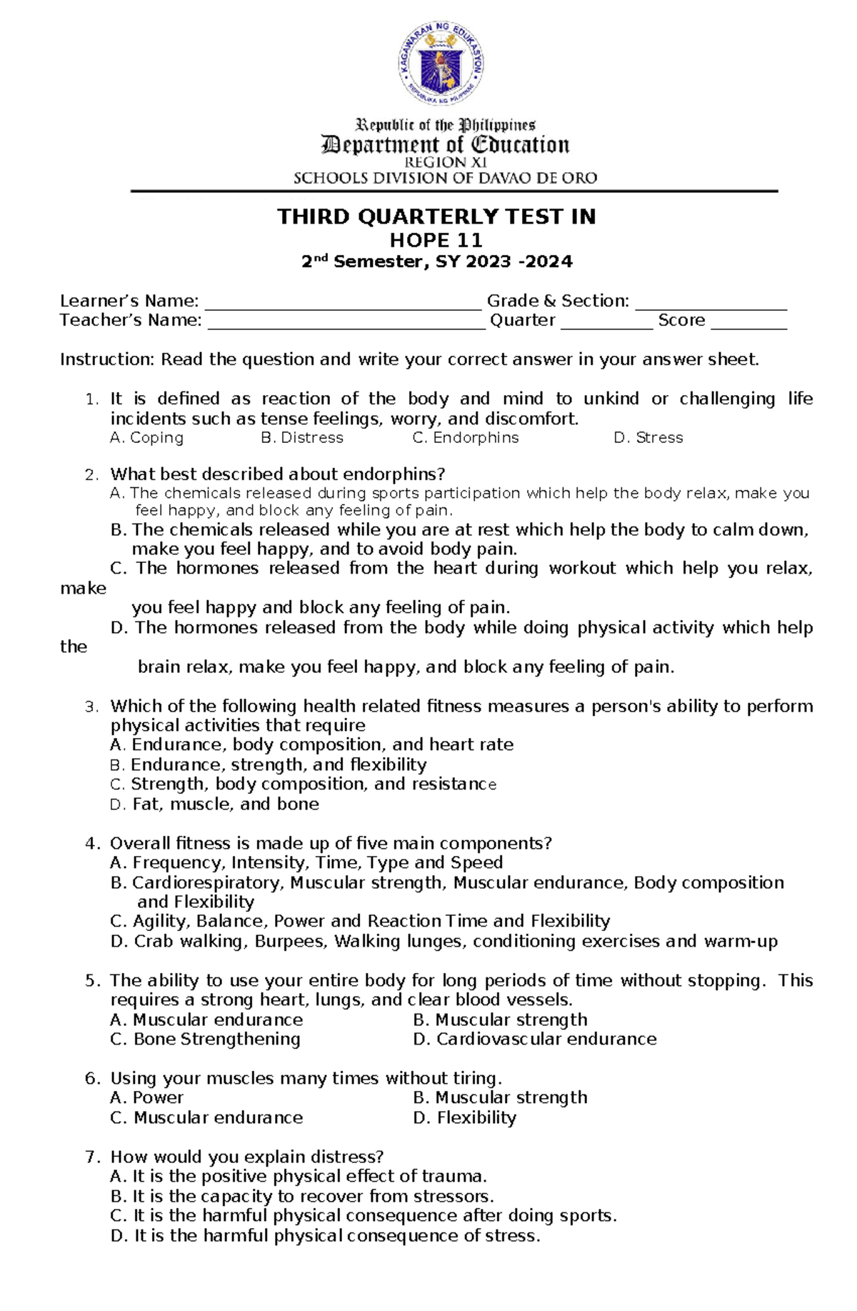 Mapeh-HOPE 11 Final. docx - THIRD QUARTERLY TEST IN HOPE 11 2 nd ...