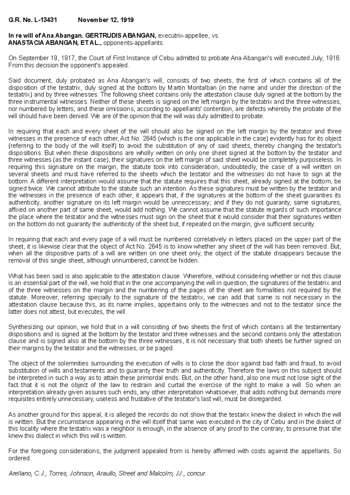 3.) Abangan v. Abangan - G. No. L-13431 November 12, 1919 In re will of ...