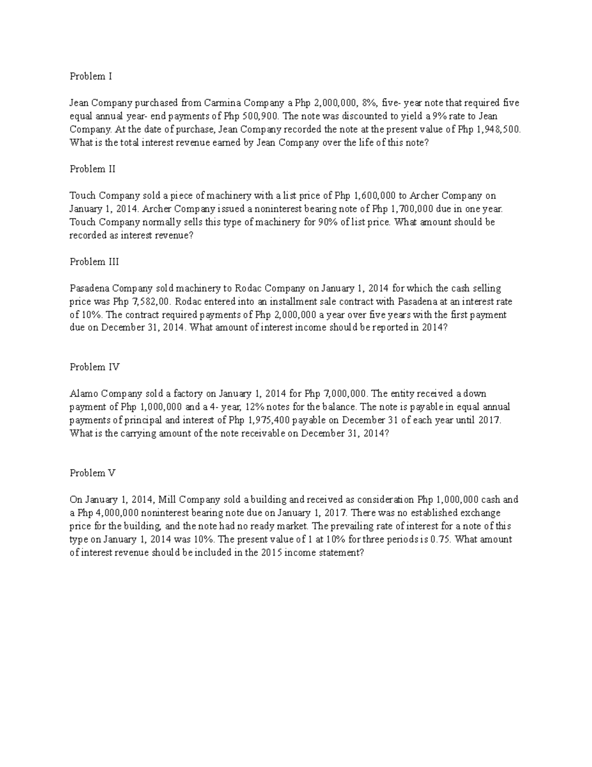 Sample Problems Notes Receivable - Problem I Jean Company purchased ...