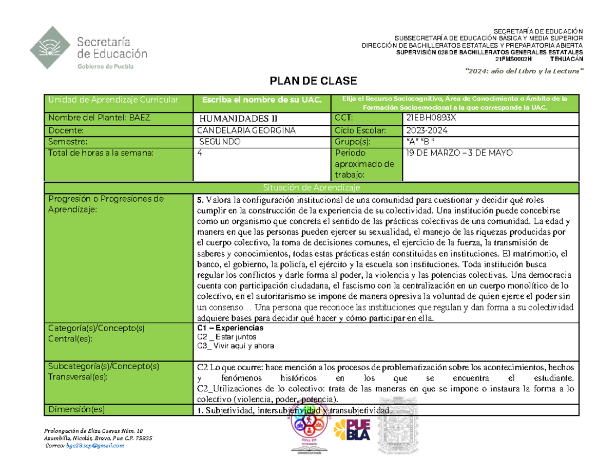 PLAN DE Clase Progresion 5 Humanidades II - SUBSECRETARÍ A DE EDUCACIÓ ...