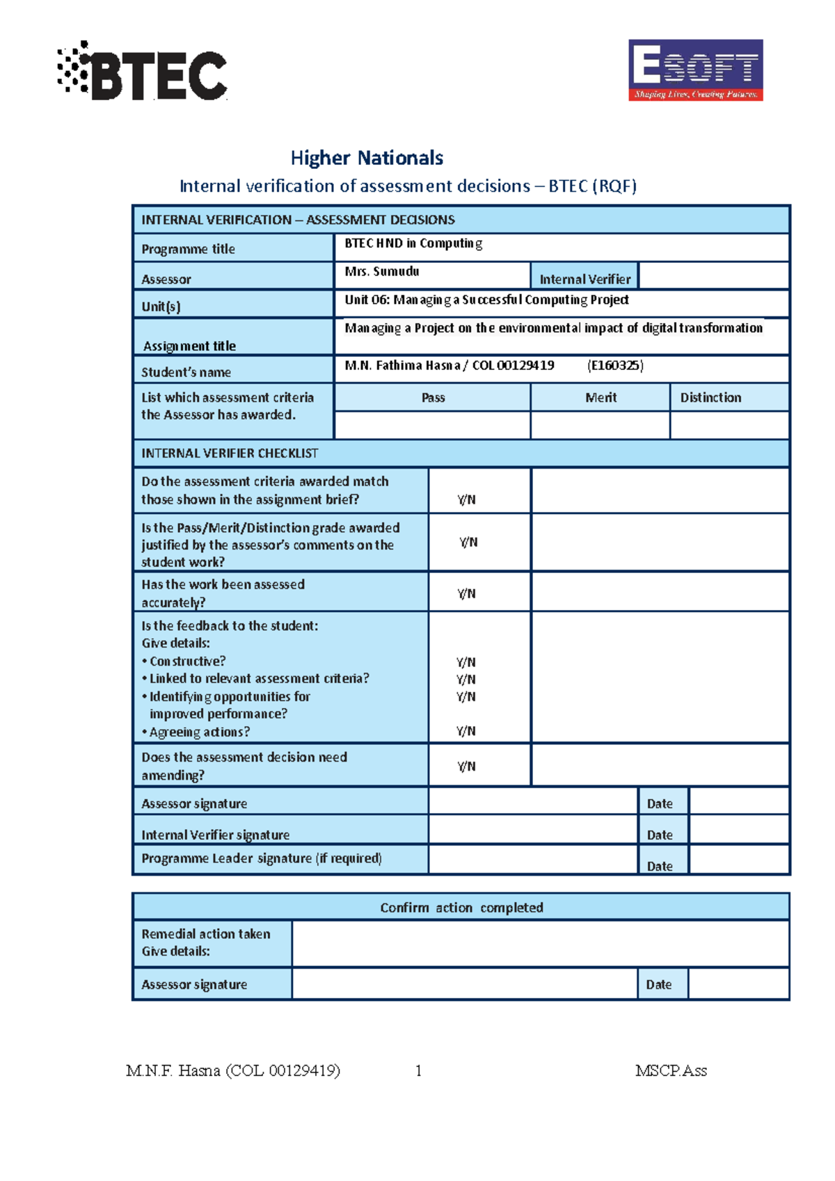 Managing a successfull project 2023 - Higher Nationals Internal ...