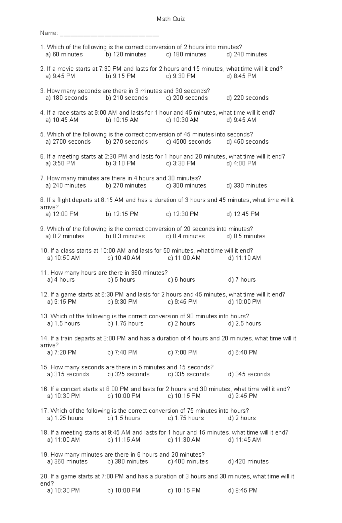 Time Math Quiz - EEFGH - Math Quiz Name ...