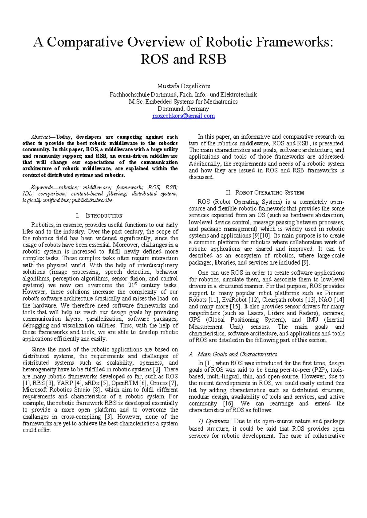 ROS RSB Paper Mustafa Ozcelikors PDF - A Comparative Overview of ...