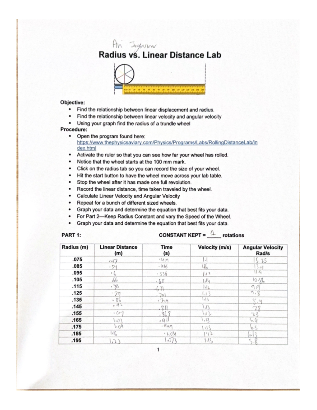 Radius vs. Linear Distance Lab - An Jayouk Radius vs. Linear Distance ...