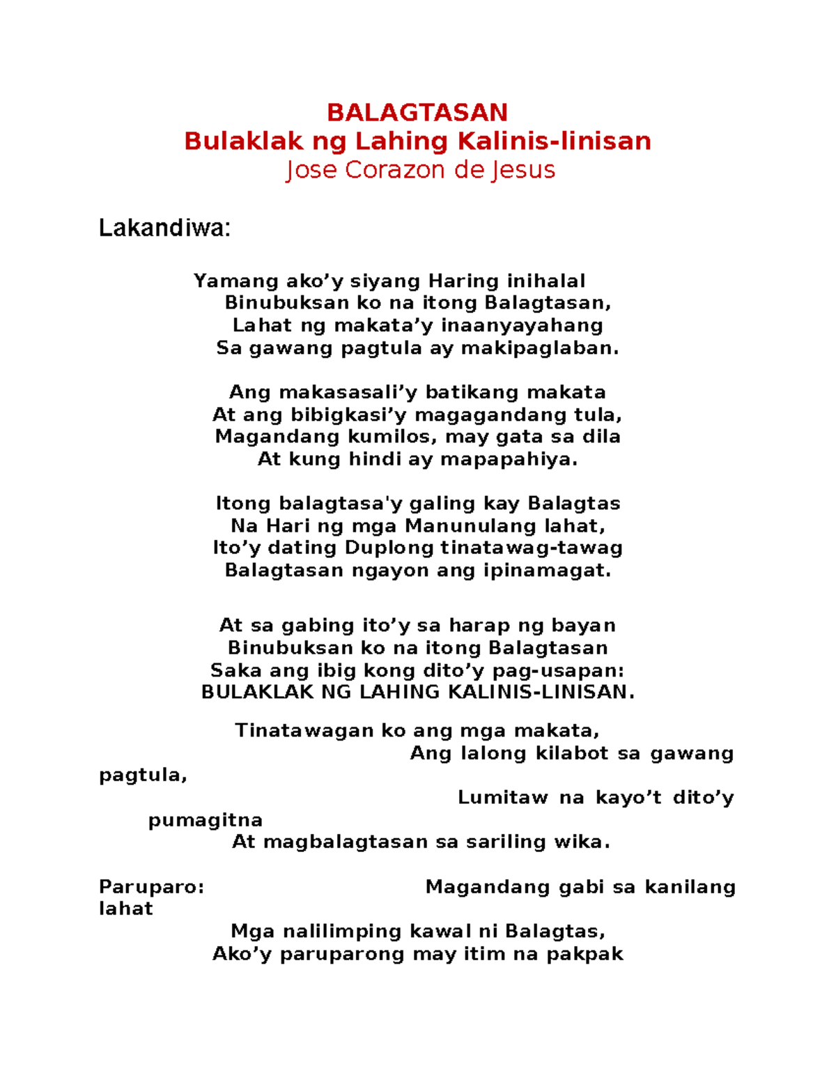 Balagtasan ( Q2 ) - lecture - BALAGTASAN Bulaklak ng Lahing Kalinis ...