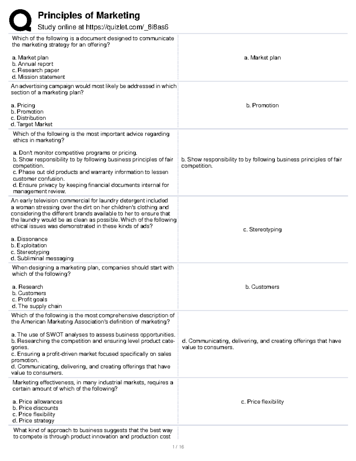 Mrkt qu 5 - prinicples of marketing mrkt 230 review from textbook ...