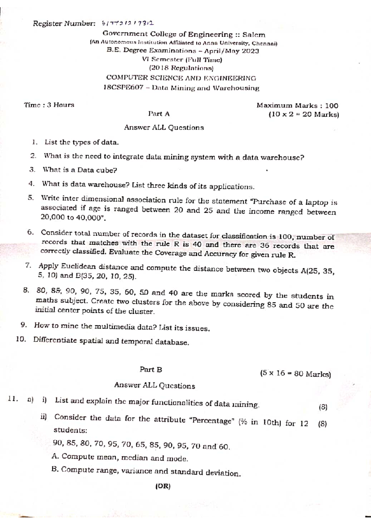 data mining question paper - Register Number: 617721217312 Government College of Engineering ...