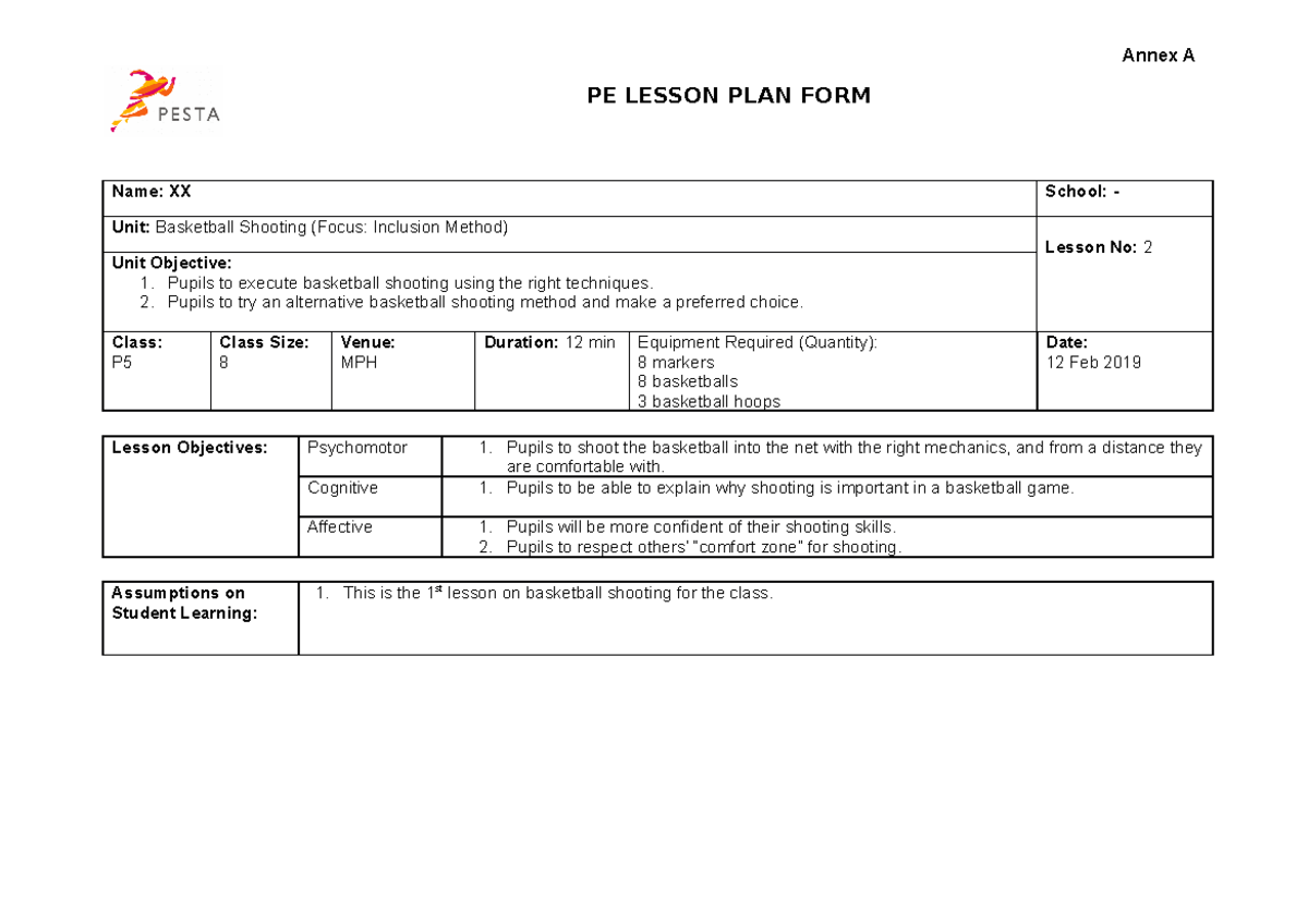 IM Lesson Plan Inclusion - Annex A PE LESSON PLAN FORM Name: XX School ...