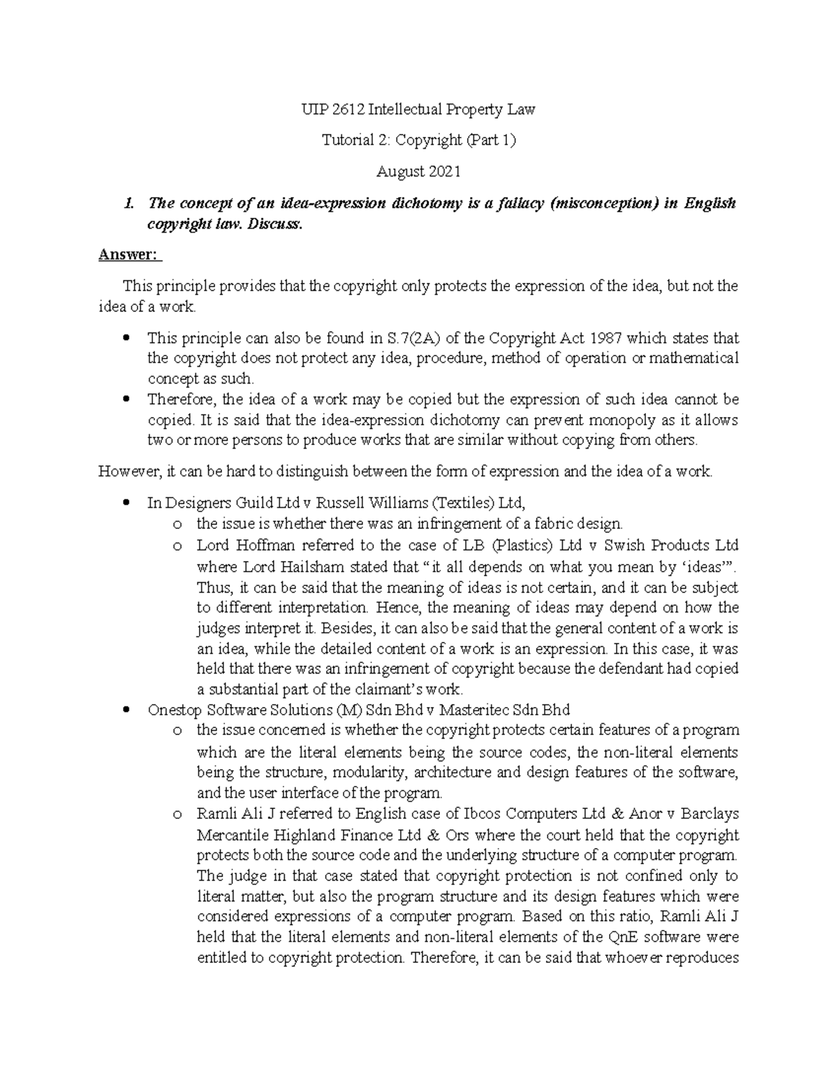 Tutorial 2 Intellectual Property Law Answer - UIP 2612 Intellectual ...
