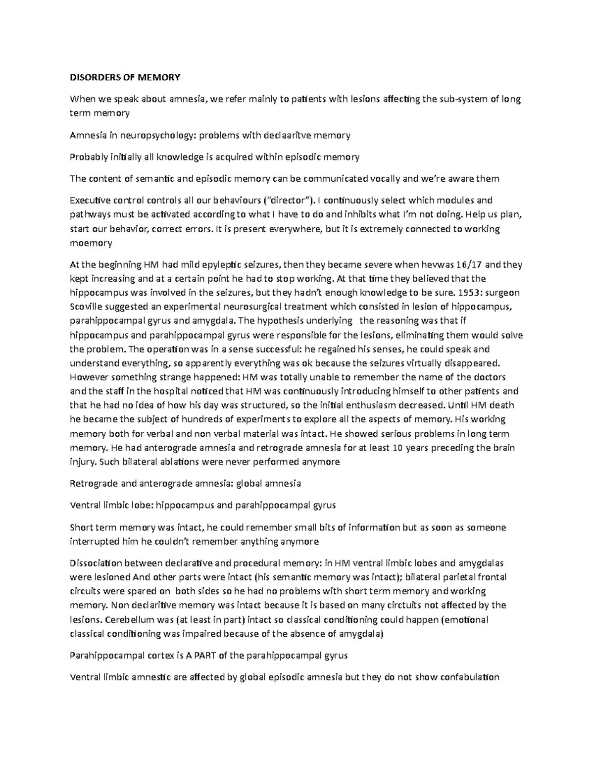 Disorders OF Memory (neuropsychology) - DISORDERS OF MEMORY When we ...