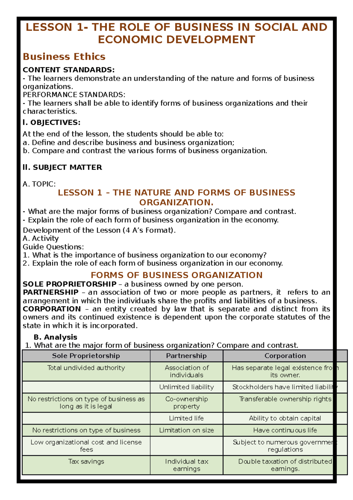 Business Ethics Notesss - LESSON 1- THE ROLE OF BUSINESS IN SOCIAL AND ...