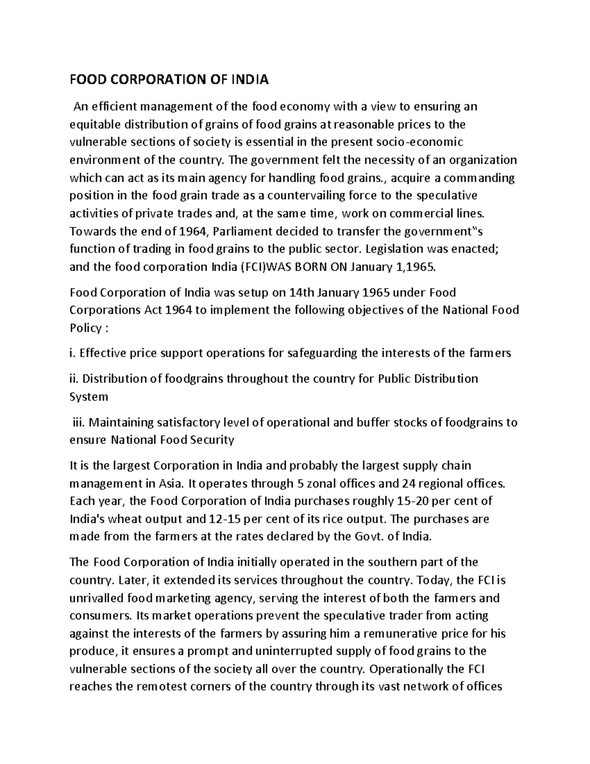 Fci - ABOUT FCI AND ITS IMPORTANCE - FOOD CORPORATION OF INDIA An ...